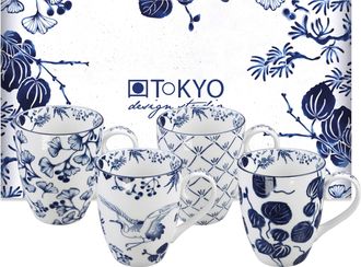 Tokyo Design Studio Flora Japonica 4er Tassen-Set blau-weiß, Ø 8,5 cm, 10,2 cm hoch, 380 ml, asiatisches Porzellan, Japanisches Blumen-Design, inkl. Geschenk-Verpackung