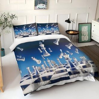 Generic Housse de Couette 140x200 cm avec 2 taies doreiller 65x65 cm Parure de lit Jeu d&eacute;checs - Parures de Couette en Microfibre Douce Bleu