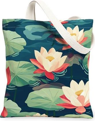 Generic Sac fourre-tout en toile de fleurs de lotus printani&egrave;res pour le shopping, 33 x 38,1 cm, motif abstrait amusant, feuilles de lotus, sac d&eacute;picerie r&eacute;ut