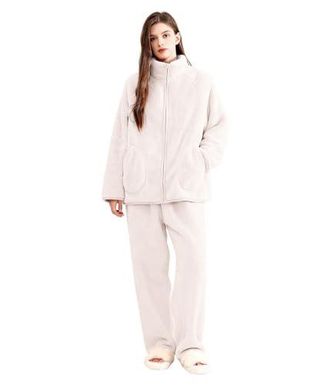 Power Flower Ensemble Pyjama en Polaire Douillette pour Femme - Ensemble Lounge 2 pièces Ample en Peluche avec Veste zippée, vêtement de Nuit dHiver Confortable (L