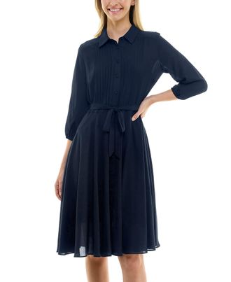 Nanette Lepore Damen Hemdkleid mit Ellenbogenärmeln und Biesen und Selbstfutter Kleid, Nanette Navy, 40
