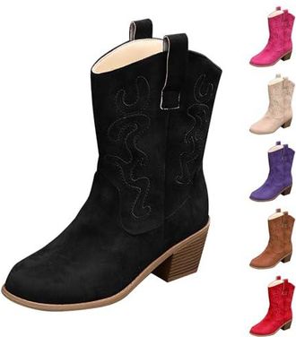 Generico Bottines pour femme style cowboy avec broderies confortables talons bas noires, &eacute;l&eacute;gantes marron, talon large en jean type brod&eacute;, mode d&eacute;contract&eacute;e, b
