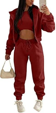 Onsoyours Survêtement Femme 3 Pièce Ensembles Sportswear Sweatshirt à Capuche à Zippé+ Crop Top + Pantalon Sports pour Casual Sports Jogging Fitness Vin Rouge X