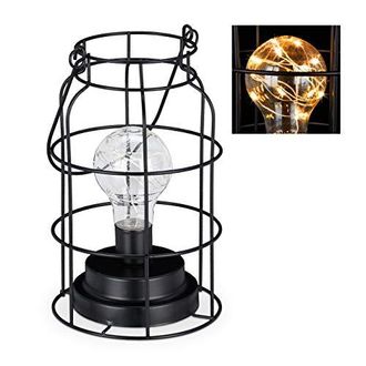 Relaxdays Tischlampe Vintage, Gitterlampe mit LED Glühbirne, warmweiß, Batterie, Drahtlampe Industrie Design, schwarz
