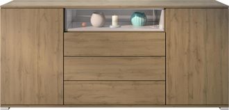 Vladon Skadu V4 Sideboard, Kommode mit 2 Türen, 3 Schubladen und 1 offenem Fach, Eiche Evoke/Sandgrau Hochglanz (166,5 x 75,5 x 35 cm)