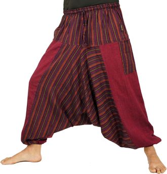 Guru Shop Haremshose, Gestreifte Patchwork Pluderhose, Pumphose, Aladinhose - Weinrot, Damen, Baumwolle