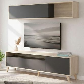 Dmora Wohnzimmerm&ouml;bel Tambo, TV-St&auml;nder-Wohnzimmerset, Mehrzweck-Wohnzimmerm&ouml;bel, 180x41h180 cm, Anthrazit und Asteiche