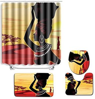 Generic Ensemble de salle de bain 4 pi&egrave;ces avec rideau de douche, tapis de contour WC et tapis de bain - EVA et flanelle - Plusieurs styles disponibles