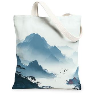 Generic Sacs fourre-tout en toile de paysage de montagne, sacs d&eacute;picerie r&eacute;utilisables, vintage, l&eacute;gers, lavables, bleu, 13x15 Inch
