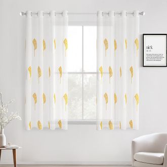 Miulee Wohnzimmer Vorhänge Transparent mit Gelb und Weiss Blätter Muster, Modern Stickerei Gardinen Ösen für Schlafzimmer Deko, 2er Set Schöne Blätter Muster