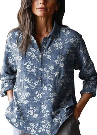 Generico Chemise Femme Curvy Manches Longues Chemisier Coton Et Lin &Eacute;l&eacute;gant Grande Taille Chemises Col en V Classique Blouse Vintage Fantaisie avec Boutons L&eacute;g