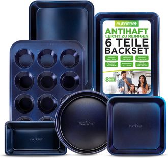 Nutrichef NutriChef Backformen-Set Blau - Backblech, Auflaufform, Muffin Backform, Brotbackform, Antihaft Karbonstahl Ofenfest bis 230 &deg;C, Sp&uuml;lmaschinenfest, St