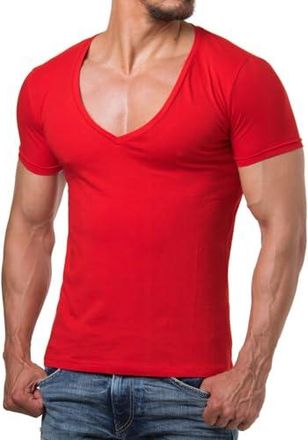 ReRock T-shirt RR-1315 pour homme Young & Rich 1315 avec col en V profond - Couleur unie - Tailles S à 3XL, rouge, S