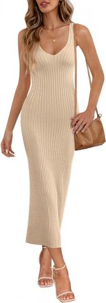 Merokeety Damen 2024 Sommer V-Ausschnitt Strick-Midikleid figurbetont, &auml;rmellos, gerippt, Aprikose, Klein