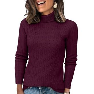 Generic Pull Femme Hiver Chaud col Montant D&eacute;contract&eacute; Manche Longue Couleur Unie Jumper Pull Femme Chic et El&eacute;gant Mode Ample Sweatshirts Vin Rouge