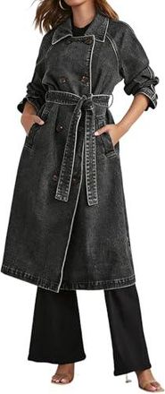 Generic Veste longue en jean &agrave; manches longues pour femme, trench-coat surdimensionn&eacute;, d&eacute;contract&eacute;, tunique de printemps, v&ecirc;tements dext&eacute;rieur avec ceinture, 