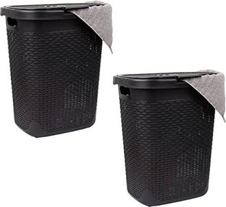 Mind Reader Schlanker Wäschekorb, 50 l, 2er-Set, Wäschekorb, Deckel, Weiden-Design, Kunststoff, 45 cm L x 34 cm B x 53 cm H, Schwarz