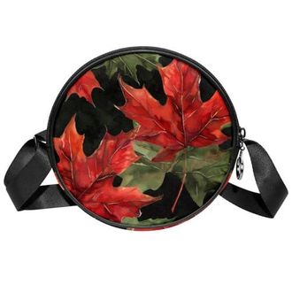 Generic Petit sac &agrave; bandouli&egrave;re circulaire pour femme, motif feuilles d&eacute;rable avec fermeture &eacute;clair, bretelles r&eacute;glables, sac &agrave; main rond d&eacute;contract&eacute; pour fem