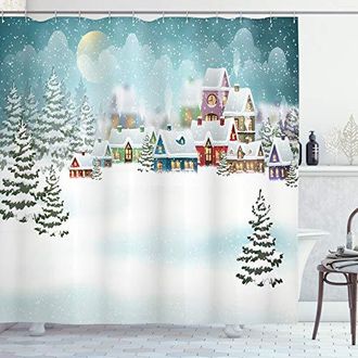 Abakuhaus Noël Rideau de Douche, Ville Neige Vacances dhiver, Tissu Ensemble de Décor de Salle de Bain avec Crochets, 175 cm x 220 cm, Multicolor Cadet Bleu