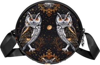 Generic Petit sac &agrave; bandouli&egrave;re rond pour femme, motif hiboux, sac &agrave; dos avec fermeture &eacute;clair, bretelles r&eacute;glables, sac &agrave; main rond d&eacute;contract&eacute; pour femmes e