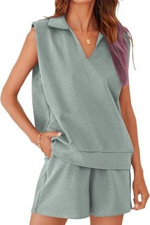 Generic Ensemble 2 pi&egrave;ces court d&eacute;t&eacute; pour femme avec col en V et sans manches, bleu marine, XXL