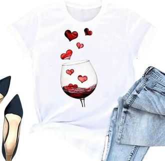 Keephen Verre &agrave; Vin Rouge F&ecirc;te &agrave; Boire T-Shirt Impression 3D Femmes Manches Courtes Col Rond Pullover Casual Vacances Tops