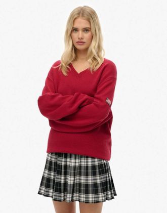 Superdry Oversize-Pullover in Bordeauxrot mit V-Ausschnitt