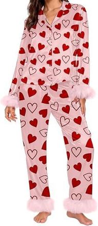 Generic Ensemble de pyjama 2 pi&egrave;ces en satin de soie pour femme avec bordure en plumes, chemise boutonn&eacute;e, pantalon de d&eacute;tente, ensemble de pyjama 2 pi&egrave;ces av