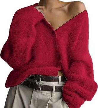 Generic Cardigan en Fourrure pour Femme, Pull Ample et Moelleux, avec Boutons, col en V, pour Le Printemps