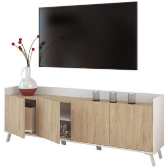 PEGANE Pegane - Meuble tv, meuble de salon avec 4 portes coloris blanc, ch&ecirc;ne - Hauteur 63 x Longueur 180 x profondeur 33 cm