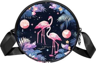 Generic Sac &agrave; bandouli&egrave;re rond pour femme, motif flamants roses, petit sac &agrave; bandouli&egrave;re avec fermeture &eacute;clair, bretelles r&eacute;glables, sac &agrave; main rond d&eacute;contrac