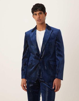 Asos Veste de costume ajust&eacute;e en velours &agrave; sequins - Bleu marine