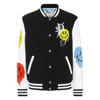 Philipp Plein Homme, Vestes, Multicolore, Taille: 3XL Bomber universitaire en drap de laine avec manches en cuir Smile