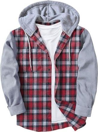 Generic Chemise à capuche en flanelle pour homme - Style décontracté à carreaux boutonné, veste à manches longues, design élégant à capuche avec poche à rabat