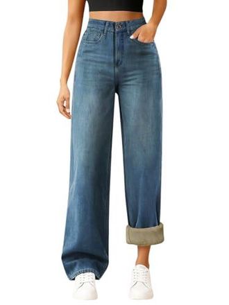 Minetom Jean Doubl&eacute; Polaire Femme Taille Haute Pants en Denim Thermique Hiver Chaud &Agrave; Jambes Larges Fourr&eacute; Ample D&eacute;contract&eacute; Trousers D Bleu Clair XS