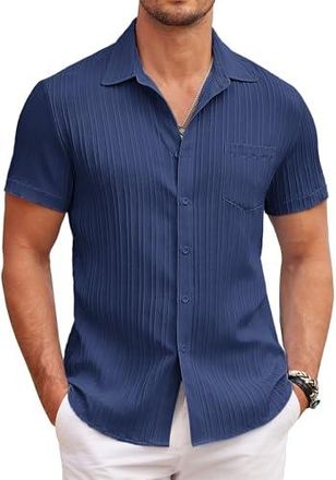Coofandy Chemise dété décontractée à Manches Courtes pour Homme, Coupe régulière, Chemise décontractée à Rayures ondulées, Chemise de Plage texturée avec Poche