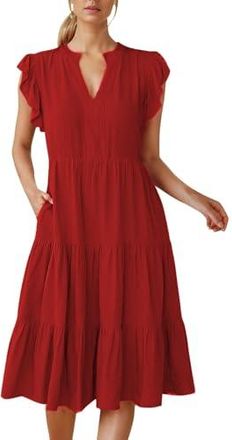 Generic Robe d&eacute;t&eacute; pour femmes - Robe midi &agrave; manches volant&eacute;es et col en V - Coupe fluide et d&eacute;contract&eacute;e, style boh&egrave;me, vacances de plage, robe ample pour fem