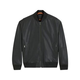 HUGO BOSS Bomber en cuir textur&eacute; coupe droite - Homme - Vestes - Noir - Taille: 2XL