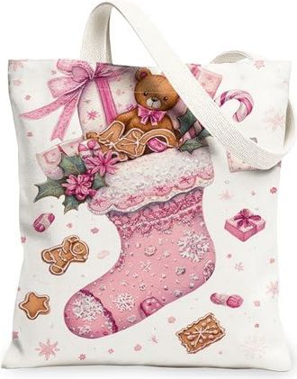 Generic Sac fourre-tout en toile r&eacute;utilisable motif ours et bonbons pour les vacances, motif floral, l&eacute;ger et lavable, p&ecirc;che, 13x15 Inch