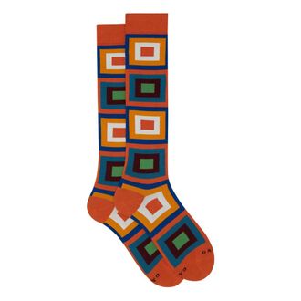 Gallo Gallo, Homme, Sous-vêtements, Multicolore, Taille: M Chaussettes longues en coton orange pour hommes avec motif de carrés concentriques
