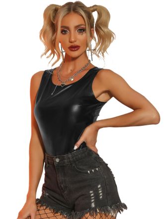 Allegra K Damen Glitzer Oberteile Metallic Top &Auml;rmellos U Neck Party Tank Top Bluse Schwarz XL