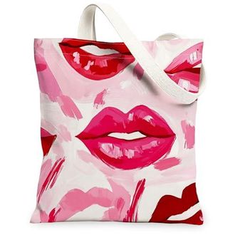 Generic Artistic Lips Sacs fourre-tout en toile avec imprim&eacute; l&egrave;vres vintage l&eacute;gers lavables et r&eacute;utilisables pour le shopping, les voyages, la plage et une ut