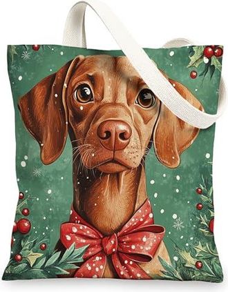 Generic Christmas Vizsla Sac fourre-tout en toile r&eacute;utilisable pour le shopping 33 x 38 cm, sac d&eacute;picerie r&eacute;utilisable pour femme, motif Happy New An, peintur