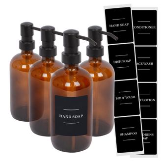 Harbour Housewares 4x Seifenspender aus Glas mit Etiketten - 500ml - Bernstein - Badezimmer K&uuml;che Shampoo Duschgel Fl&uuml;ssig Handw&auml;sche Schaum Pumpe Flasche
