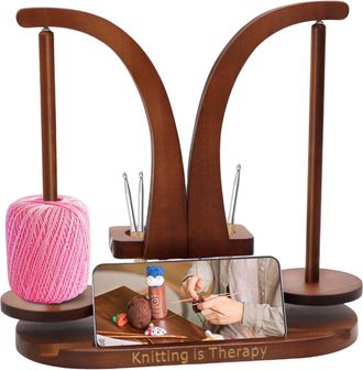 I Ihayner Nexum Wollabwickler Magnetisch, Wollhalter Holz mit Strickzubeh&ouml;r Organizer, Doppel Garnballhalter St&auml;nder f&uuml;r H&auml;kelliebhaber (dunklere Holzfarbe)