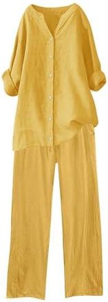 Generic Ensemble uni pour femme - Tendance - D&eacute;contract&eacute; - Coton et lin - Chemise &agrave; manches longues et pantalon long &agrave; nouer - Costume Jack, jaune, XXL