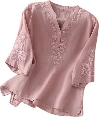 Generic Tunique boh&egrave;me &agrave; manches courtes en lin pour femme - Motif floral brod&eacute; - 2025 - Chemise hippie &agrave; volants sur le devant pour personnes &acirc;g&eacute;es - Coupe a