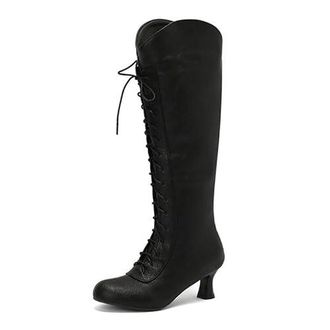 Generic Bottes d&eacute;quitation &agrave; bout rond &agrave; lacets pour femme - Talon bloc - Veau large - Chaussures dhiver r&eacute;tro, Noir, 40.5 EU