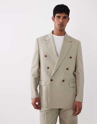 Asos Veste de costume d&eacute;contract&eacute;e en lin majoritaire &agrave; double boutonnage - Marron clair-Brown