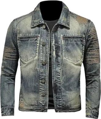 Generic Veste de moto en jean pour homme - Tendance - Belle personnalité - Fermeture éclair - Revers tendance - Vintage Denim Jack, bleu, L